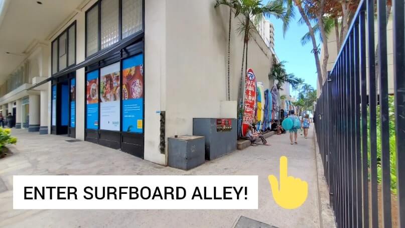 Walking down Waikiki surfboard alley to Waikiki Beach! Oahu Hawaii ...