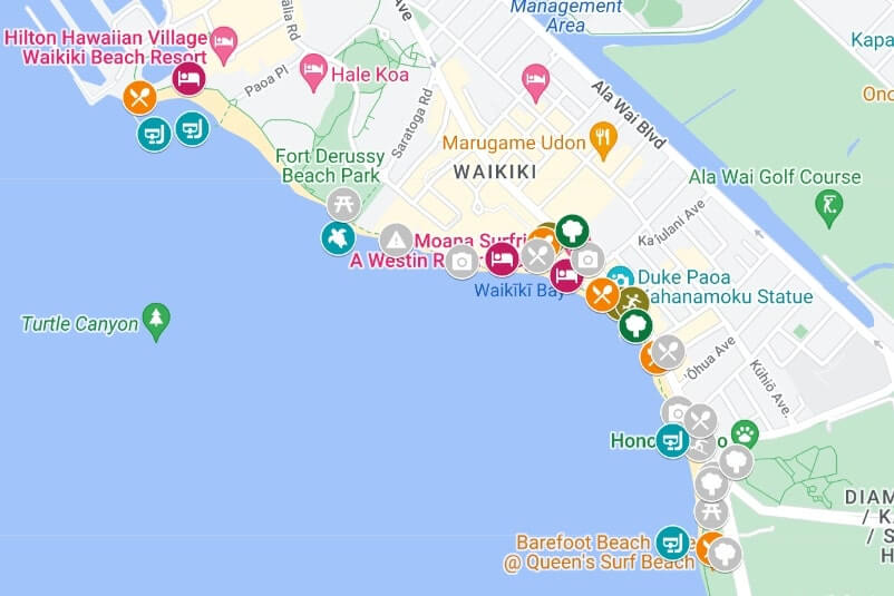 Waikiki map (google maps) with iconic Waikiki beach spots, snorkeling ... Waikiki map (google maps) with iconic Waikiki beach spots, snorkeling ...